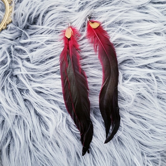 Jewelry | 15 Reddish Black Long Feather Earring | Poshmark